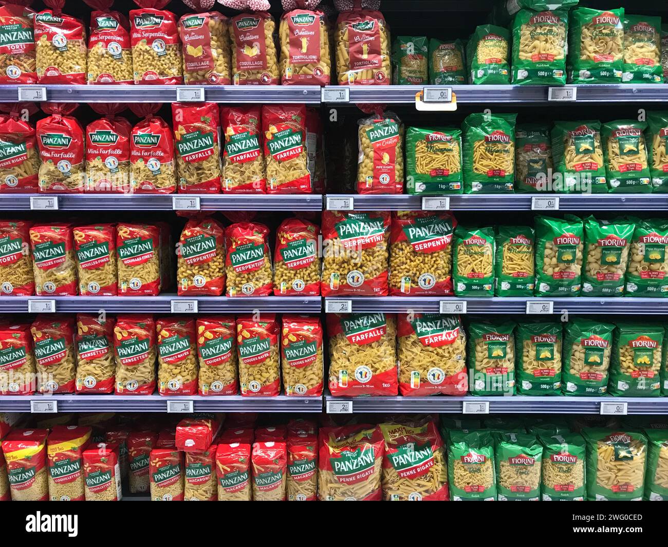 FRANCE, BORDEAUX, February, 2, 2024: Pasta packing on a shelf in a ...