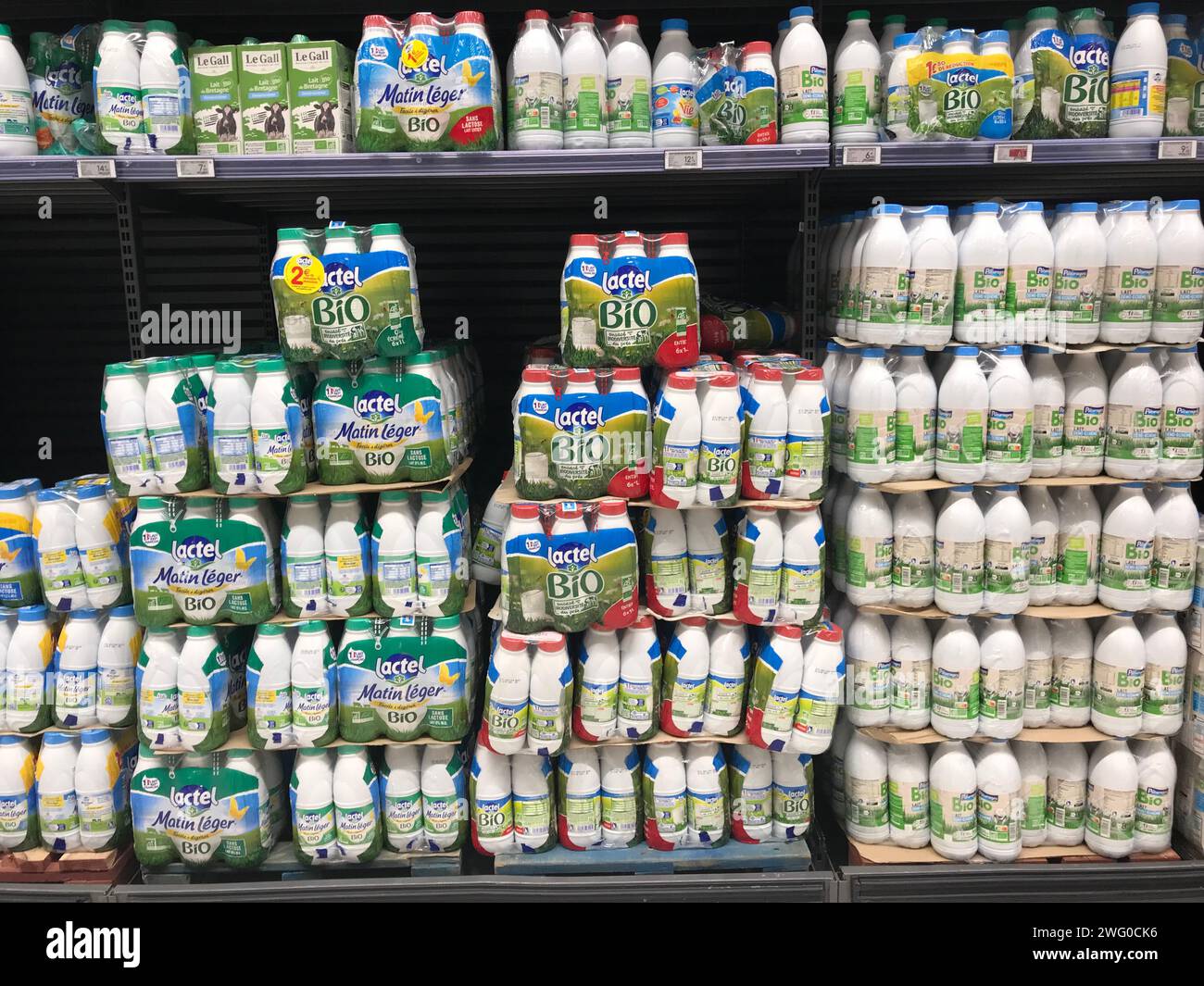 FRANCE, BORDEAUX, February, 2, 2024: Shelves with different dairy ...
