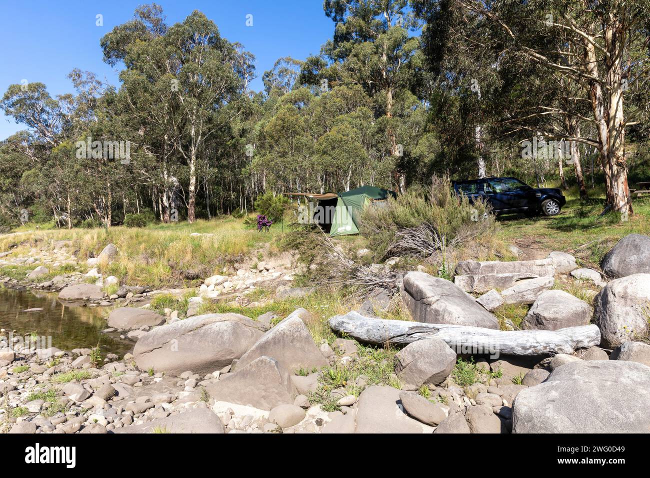 Snowy River in Kosciusko national park, camping with tent beside the ...
