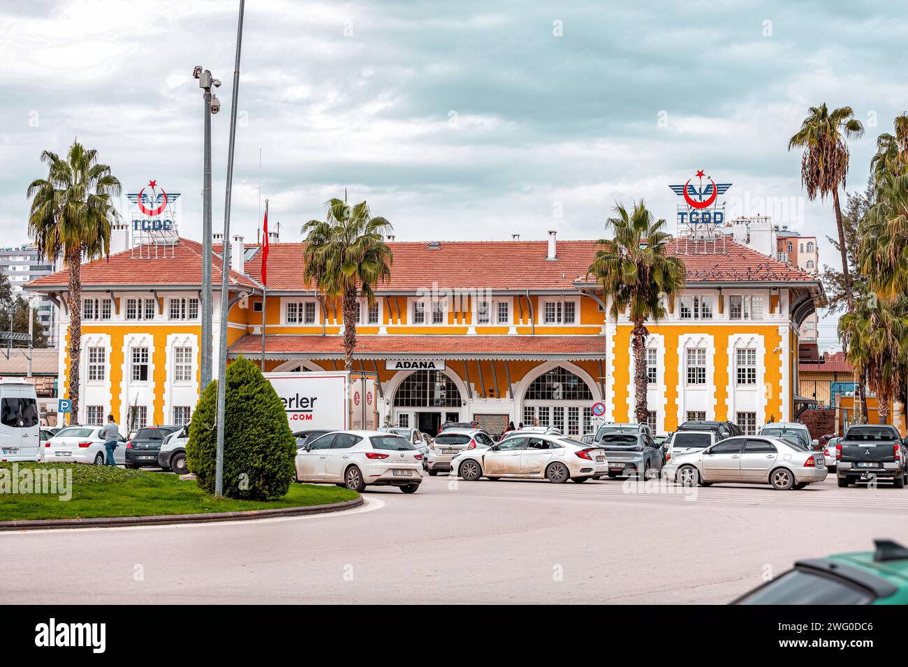 Adana, Turkiye - January 25, 2024: Exterior view of the Central Railway ...