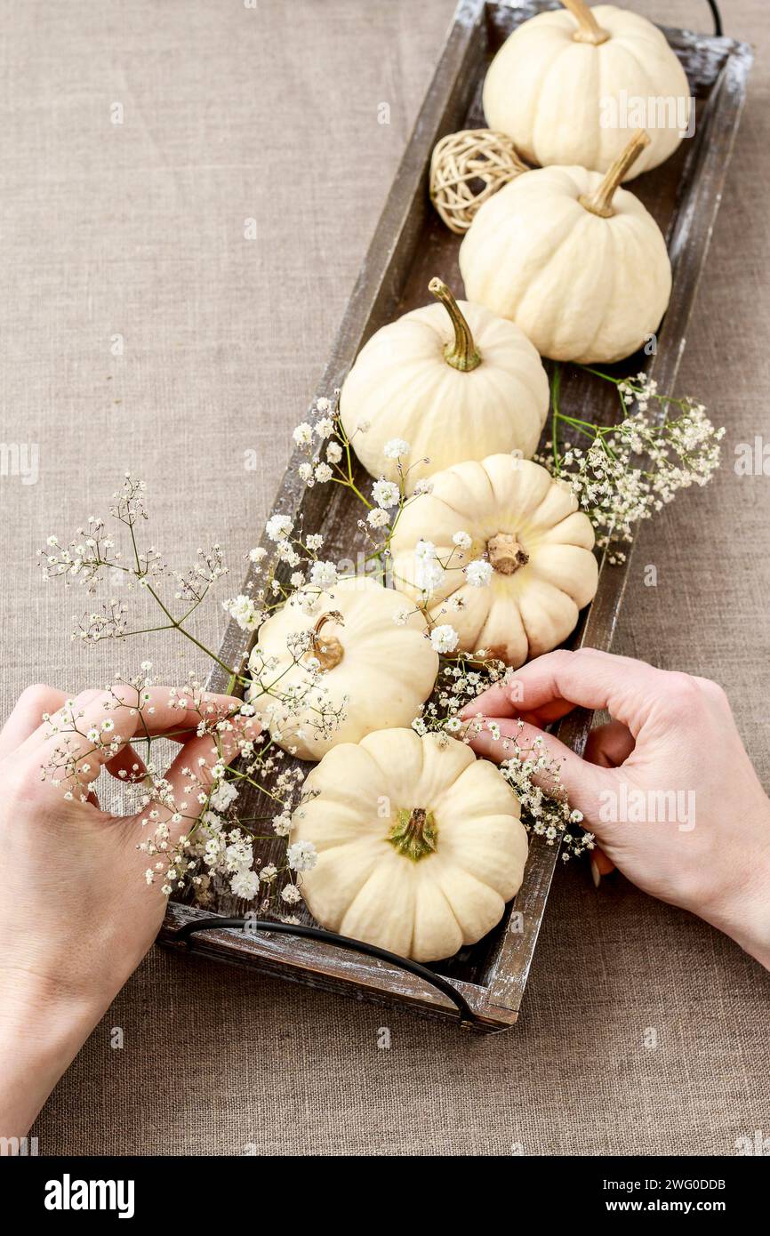 Florist at work: How to make floral decoration with white pumpkins ...