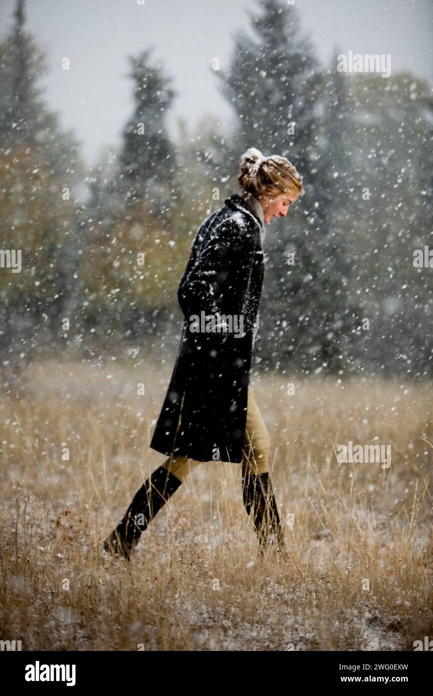 A woman walks through a field on a cold snowy fall day with aspens and ...