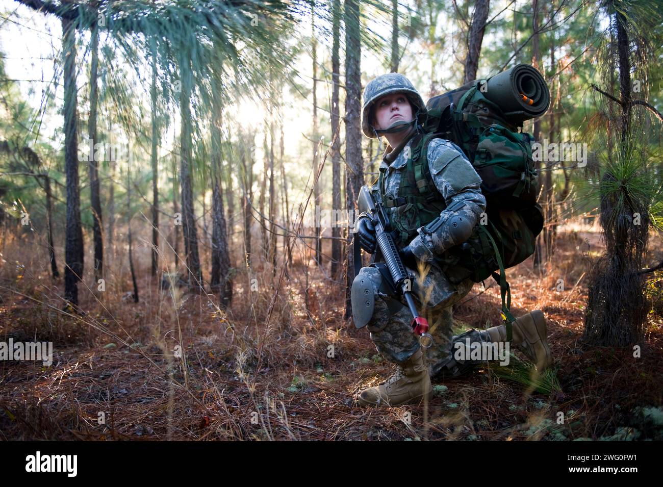 A soldier patrols through the woods during a field training exercise ...