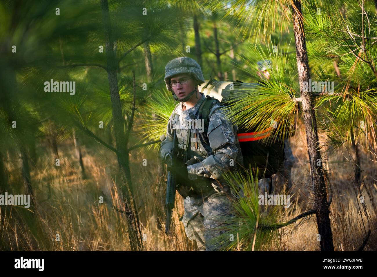 A soldier patrols through the woods during a field training exercise ...