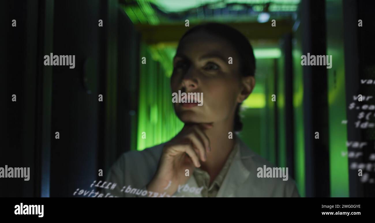 Image of data processing over caucasian woman checking servers Stock ...