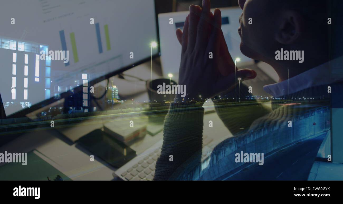 Image of biracial businessman using computer over data processing and cityscape Stock Photo - Alamy