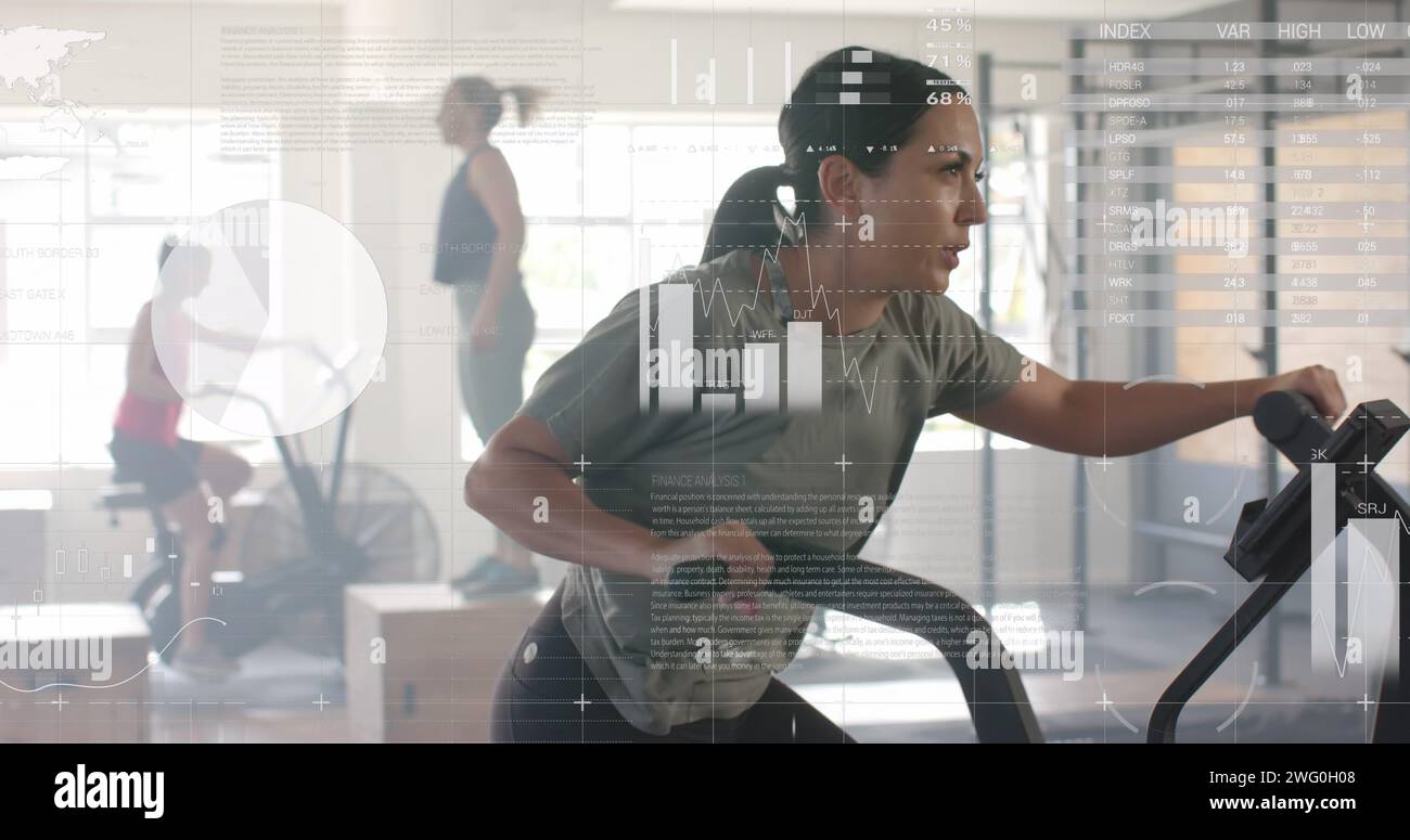 Image of interface processing data over caucasian woman cross training ...