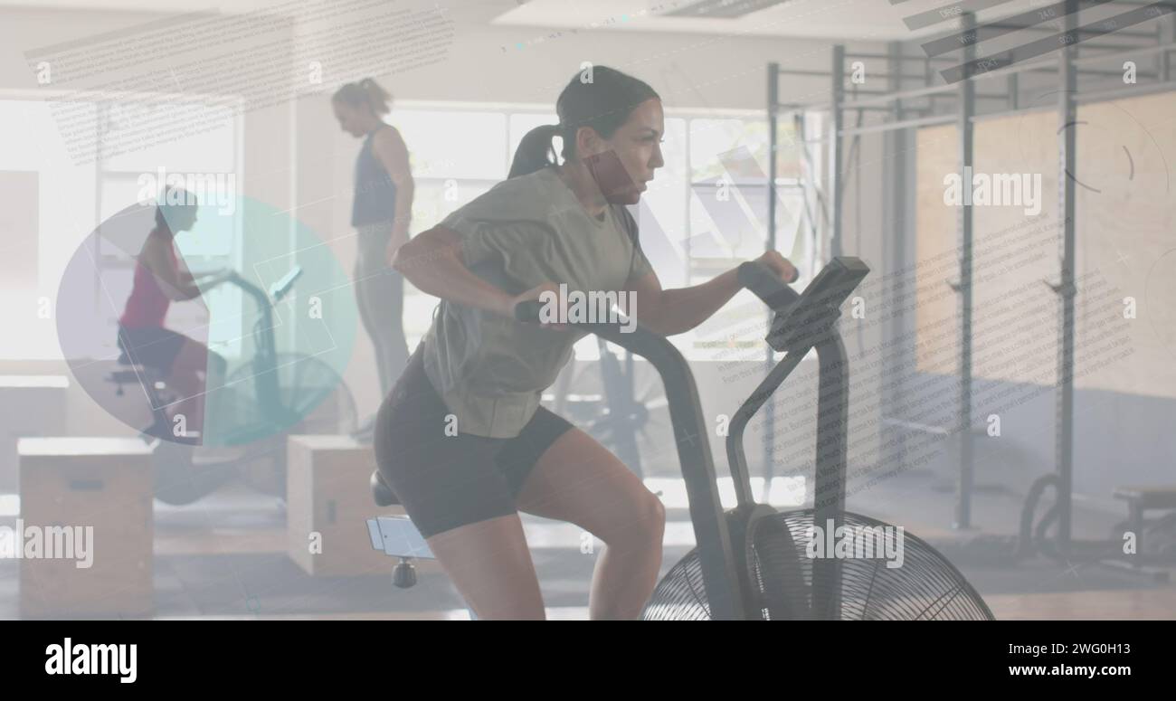 Image of data processing on interface over caucasian woman cross ...