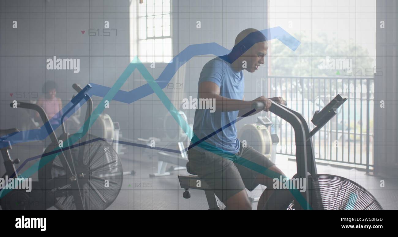 Image of graph processing data over caucasian man cross training on ...
