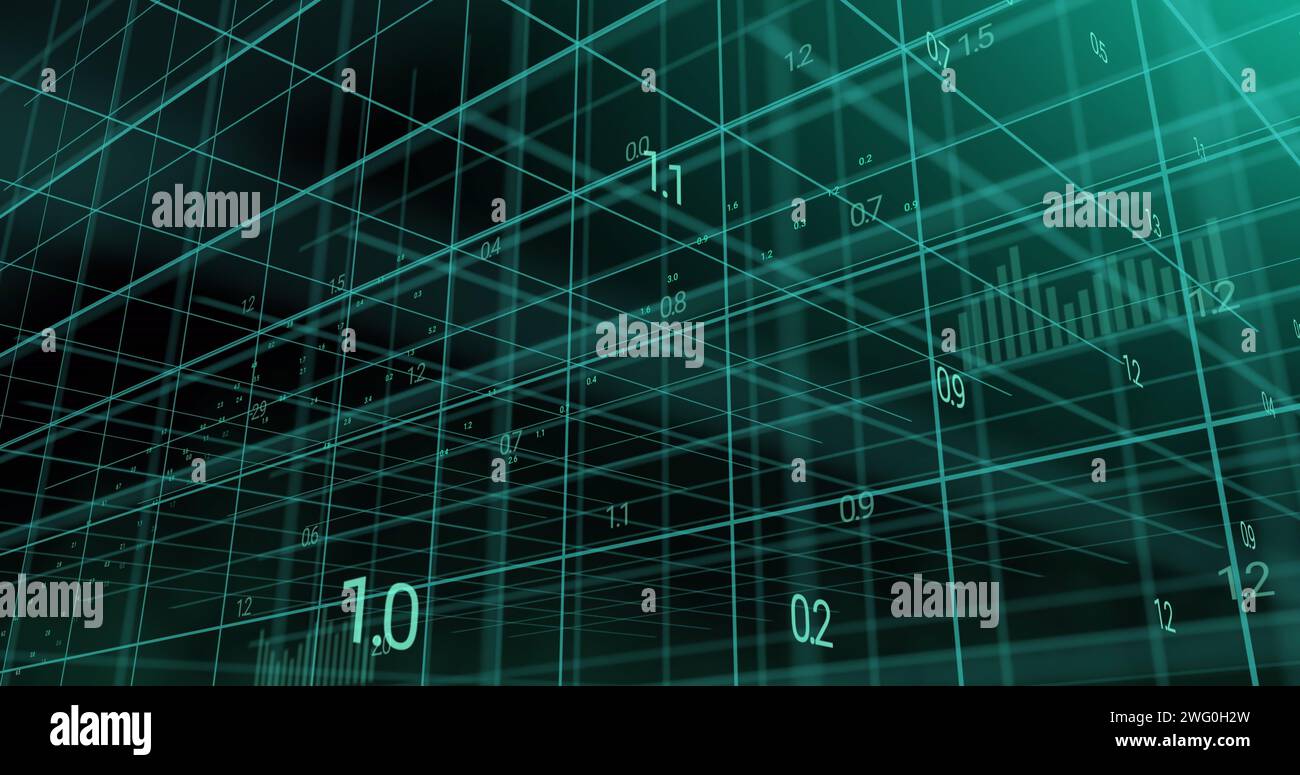 Image of numbers and ai data processing over grid and dark background ...
