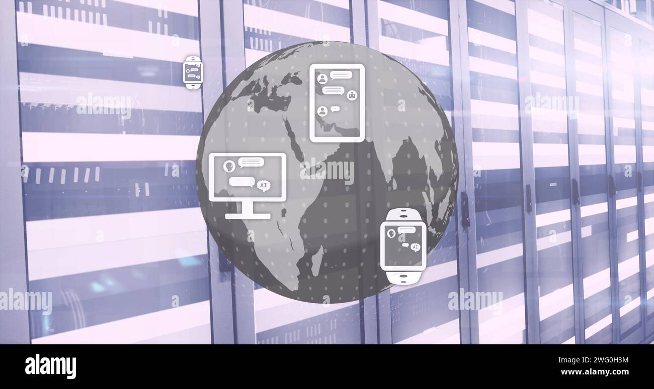 Image of ai data processing over grid globe and computer servers ...