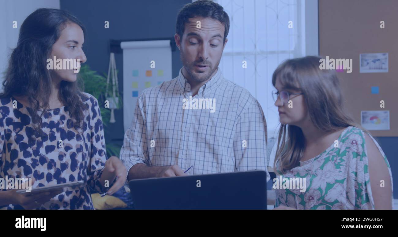 Image of scope and data processing over diverse business people in ...