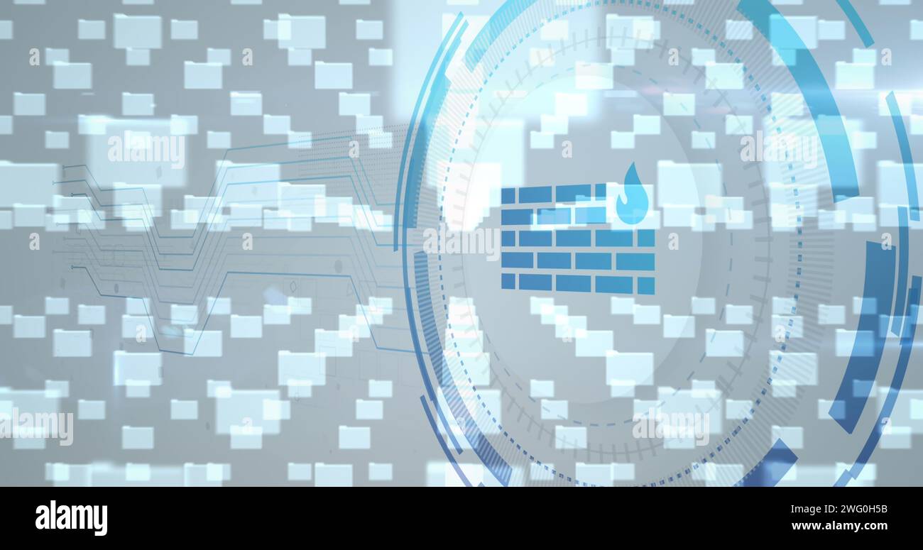 Image of wall and file icons over data processing on white background ...