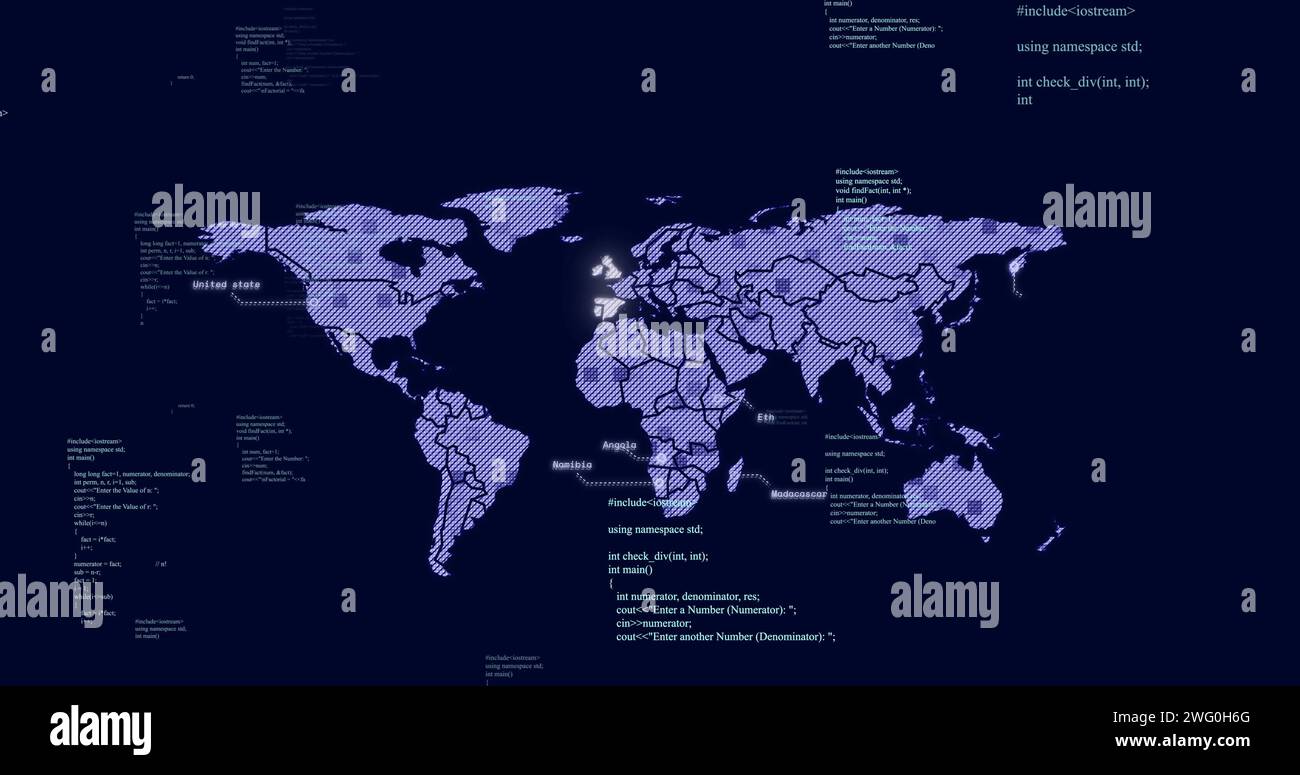 Image of data processing over world map on dark background Stock Photo ...