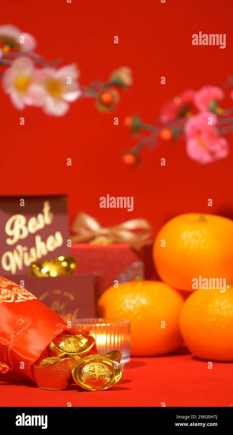 Chinese Lunar New Year red background. ancient Chinese ingot gold bar ...
