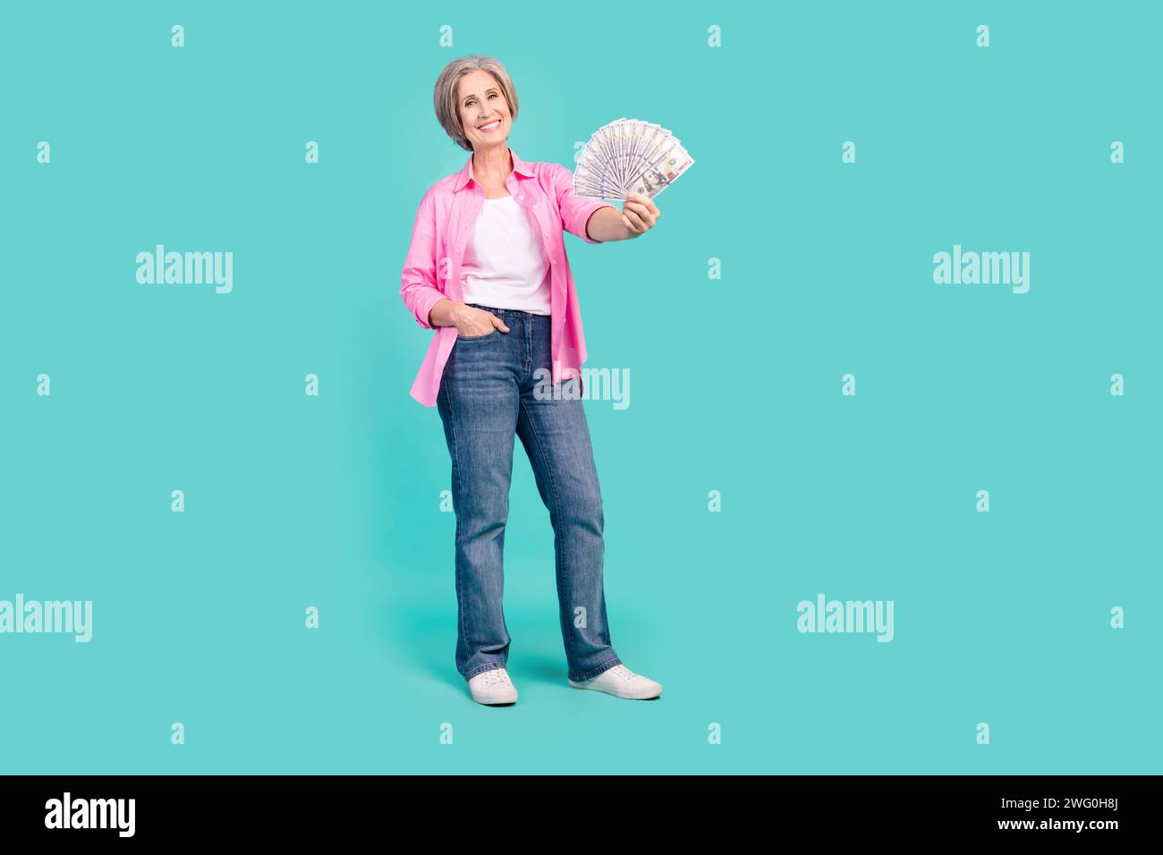 Full size photo of rich person dressed pink shirt jeans give you money ...