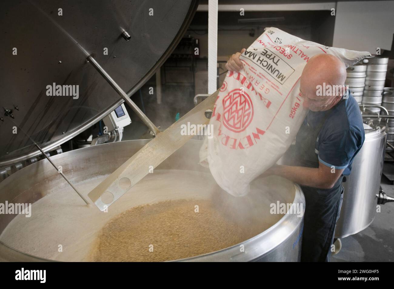 The brewmaster adds a malt to the beer mixture at a small brewery in ...