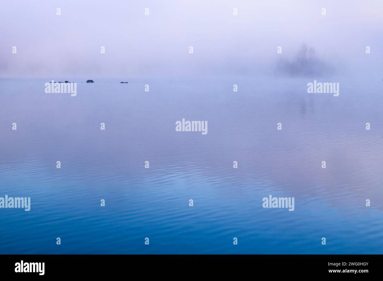 Blue morning mist covers the islands of Algonquin National Park in ...