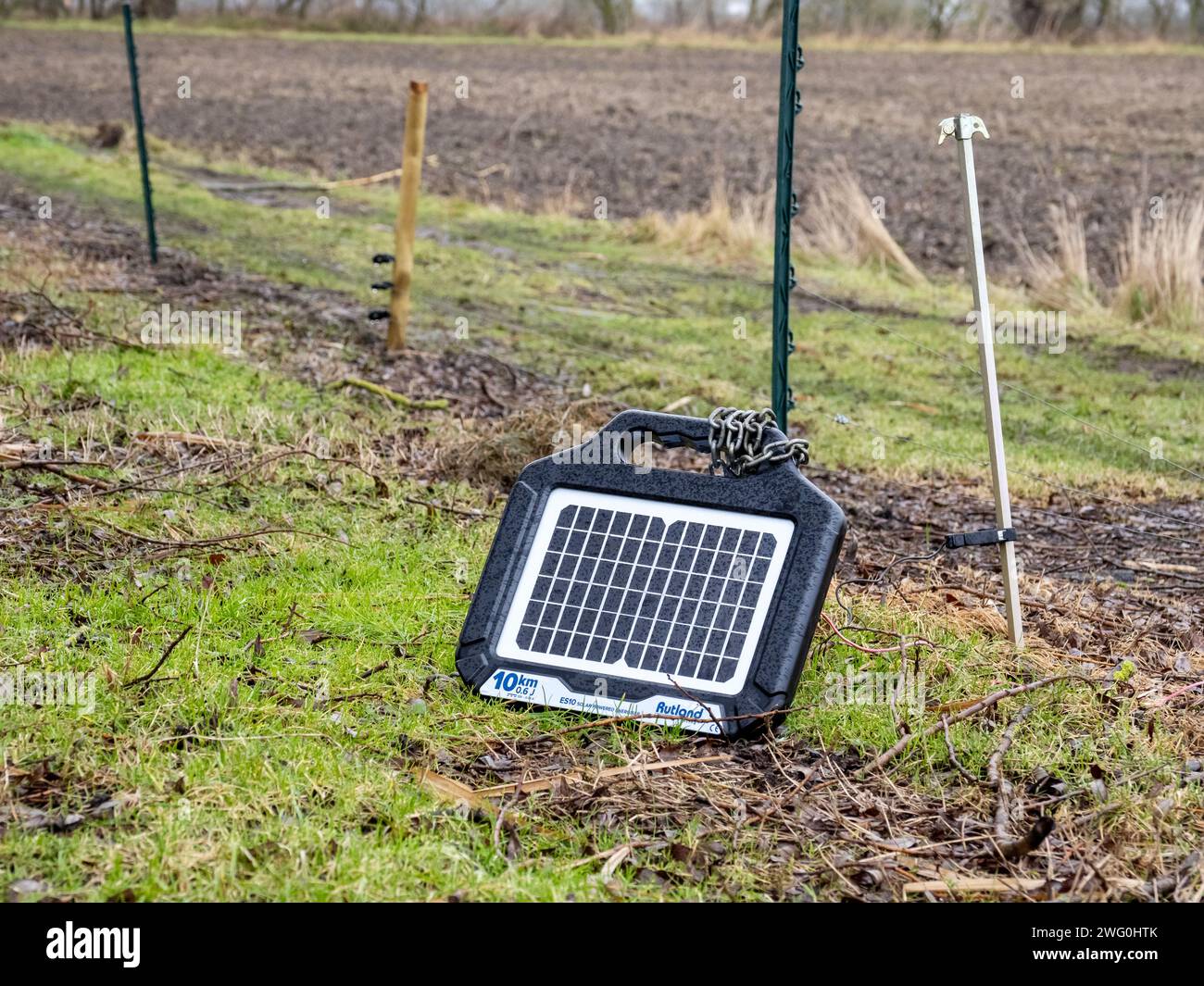 An electric fence powered by a solar panel at Block Fen, near Chatteris ...