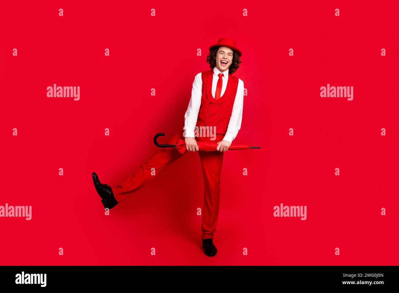 Full body length photo of elegant teenager in stylish suit with parasol ...