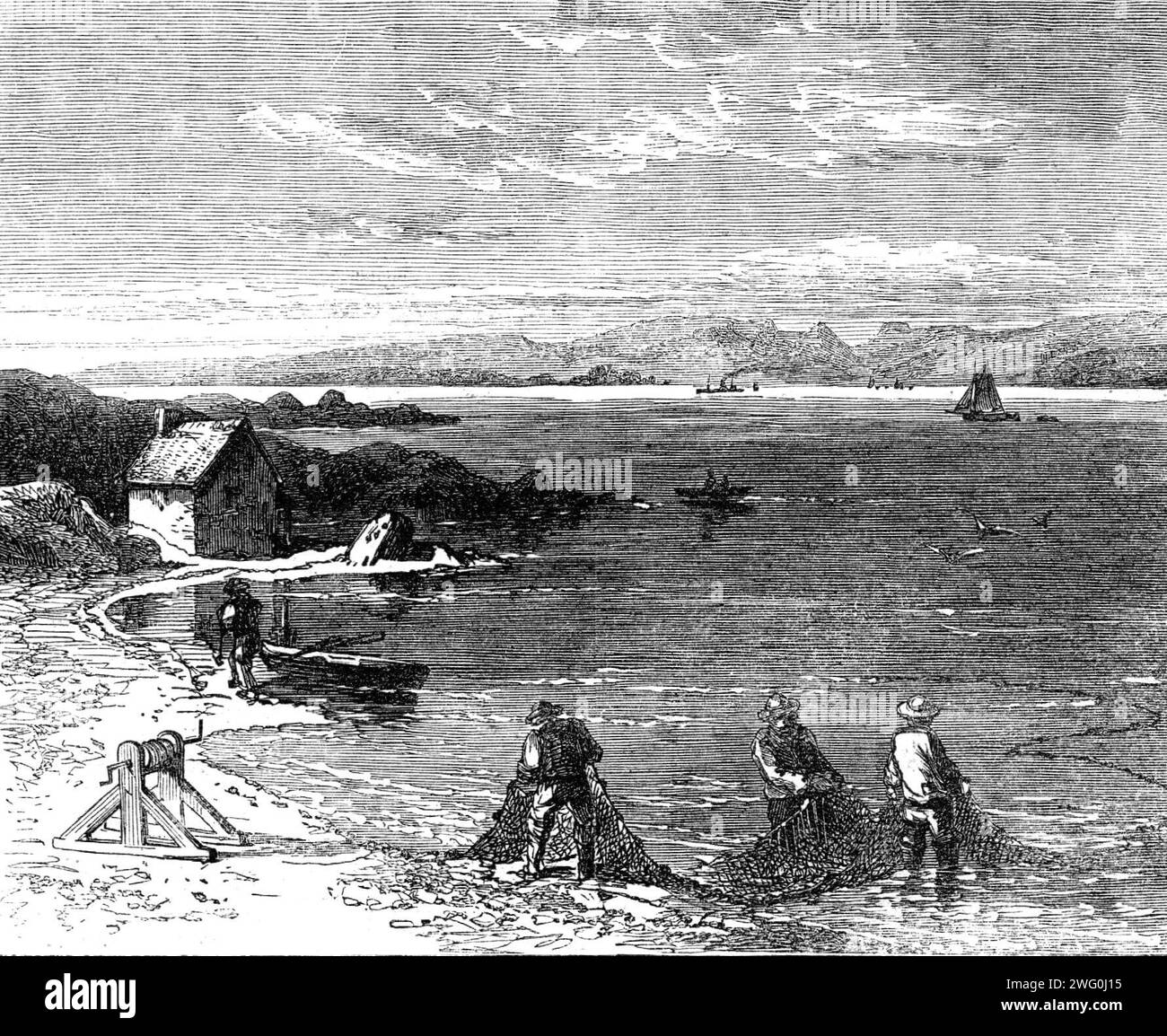 Salmon-fishing on the River Tay: drawing in, 1862. The Tay, which is ...