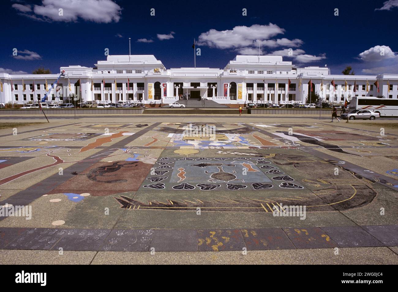Australian aboriginal art decorates the sidewalk at the Australian ...