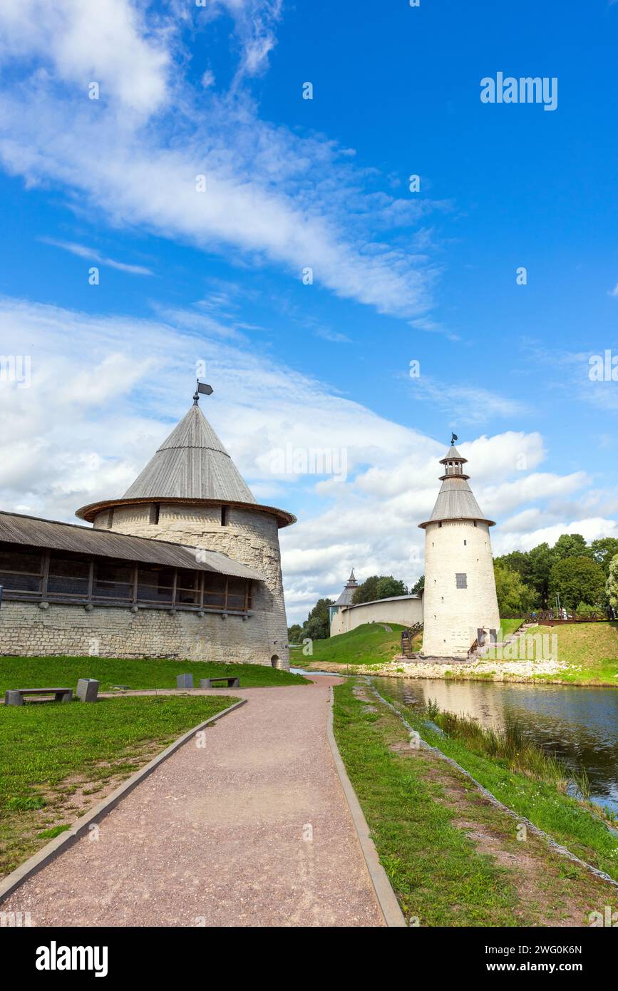 Vertical landscape photo with Kremlin of Pskov, Russia. Stone towers ...