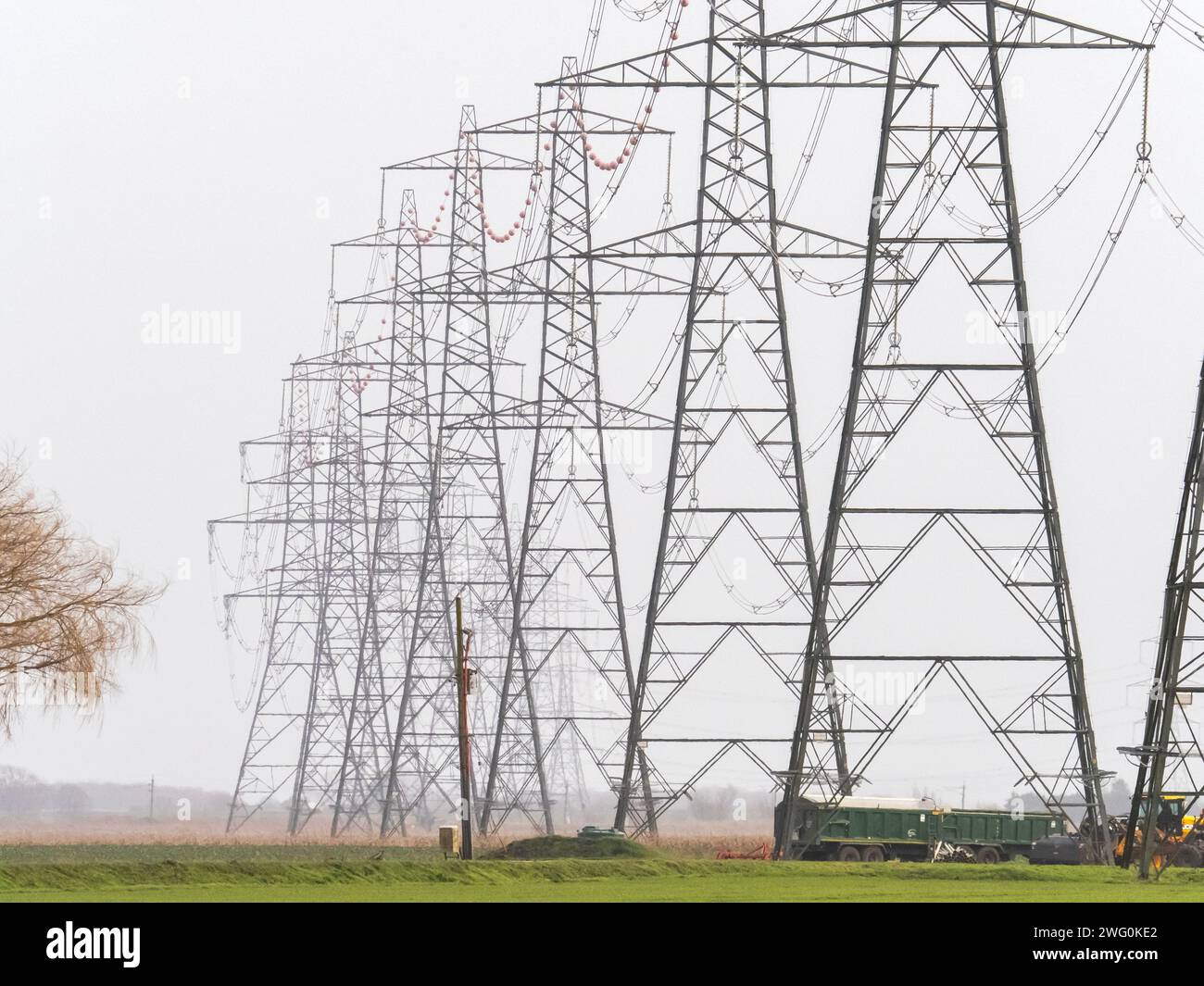 Electricity pylons crossing farmland on the Fens near Welney, Norfolk ...