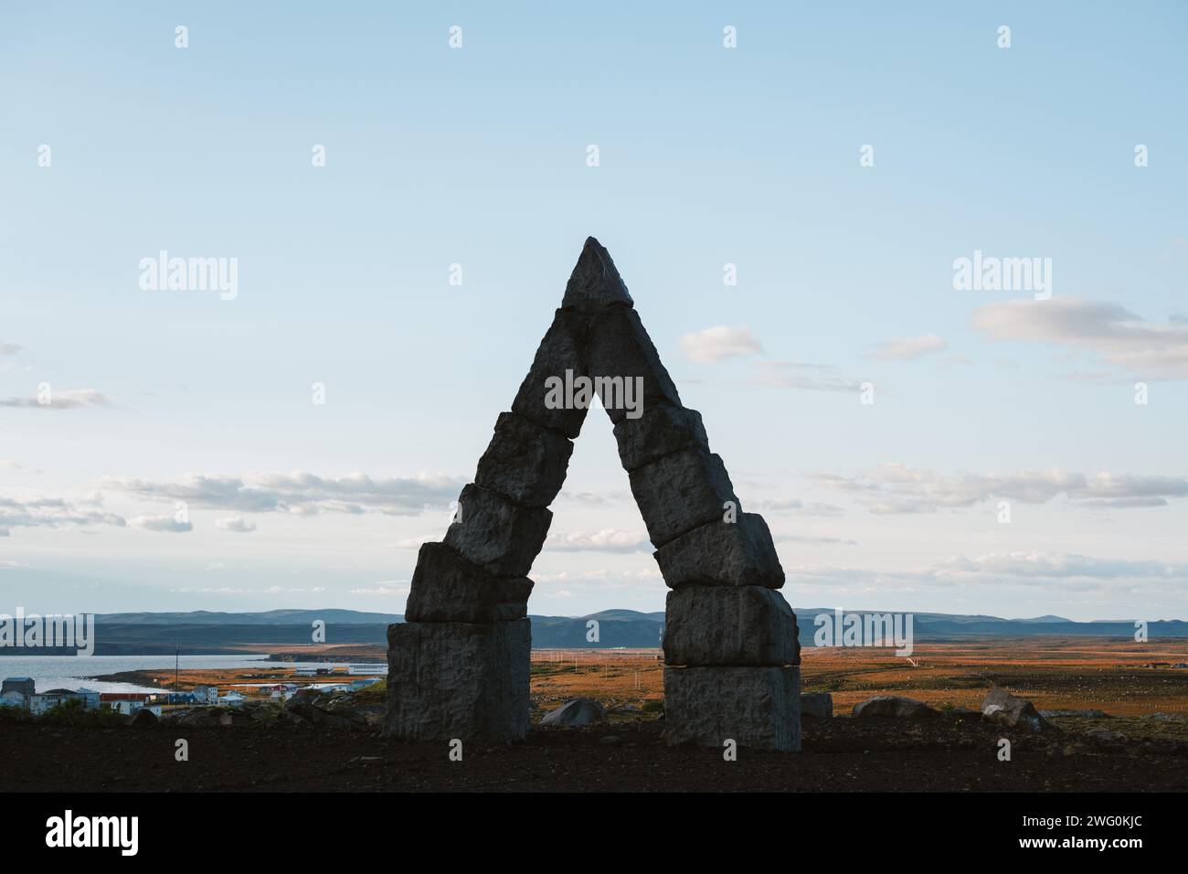 Iceland sightseeing attraction arctic henge at sunset with blue sky ...