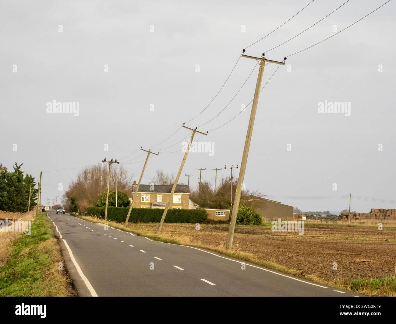 Electricity poles leaning due to subsidence on the Fens near Welney ...
