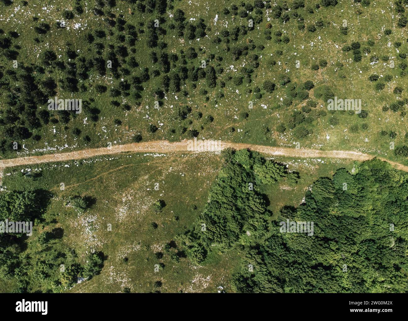 Aerial view of countryside terrain with dirt road through grassland and ...