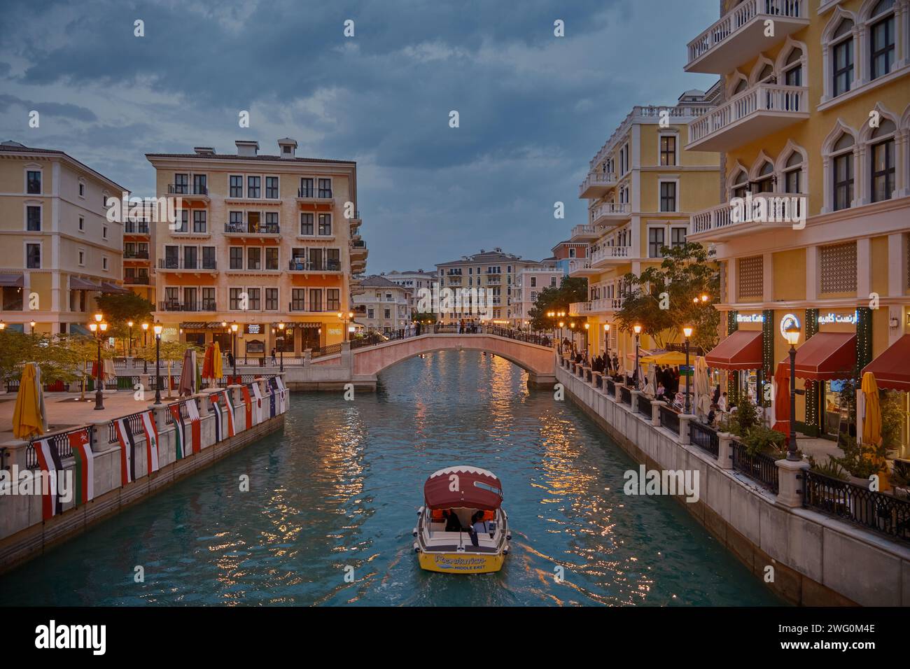 Qanat Quartier in The pearl, Doha Qatar night shot during AFC Asian cup ...