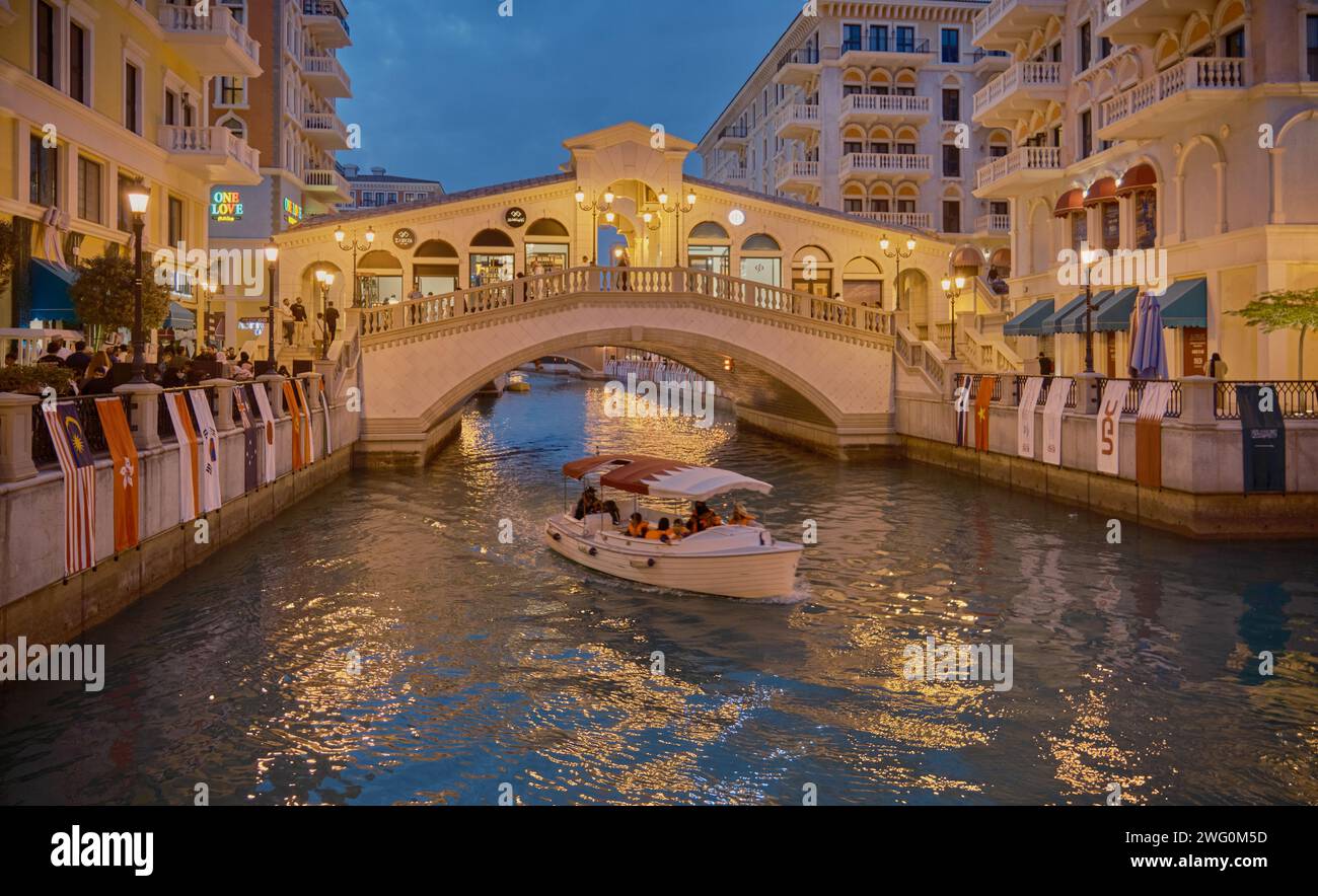 Qanat Quartier in The pearl, Doha Qatar night shot during AFC Asian cup ...