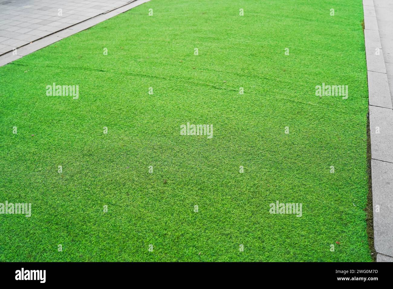 Artificial grass or lawn turf. Concrete walkway in the park Stock Photo ...