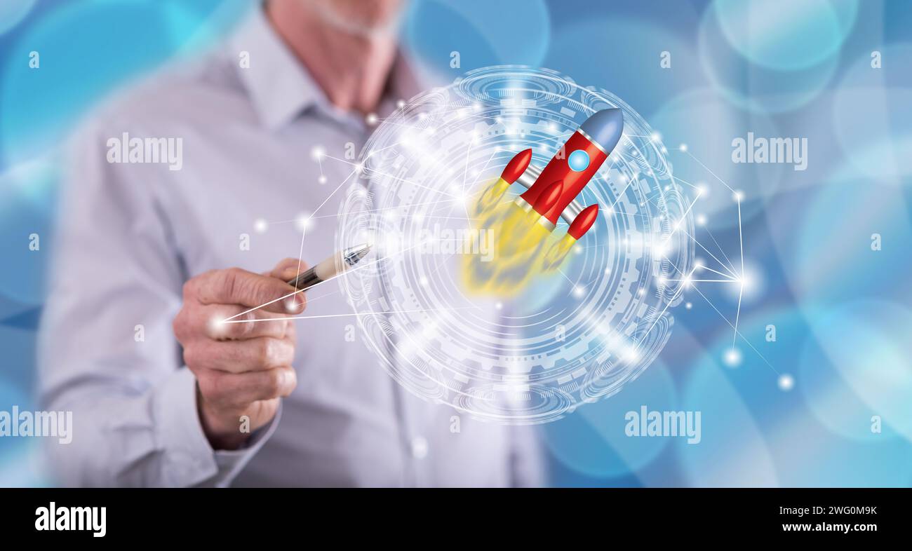 Man touching a high technology startup on a touch screen with a pen ...