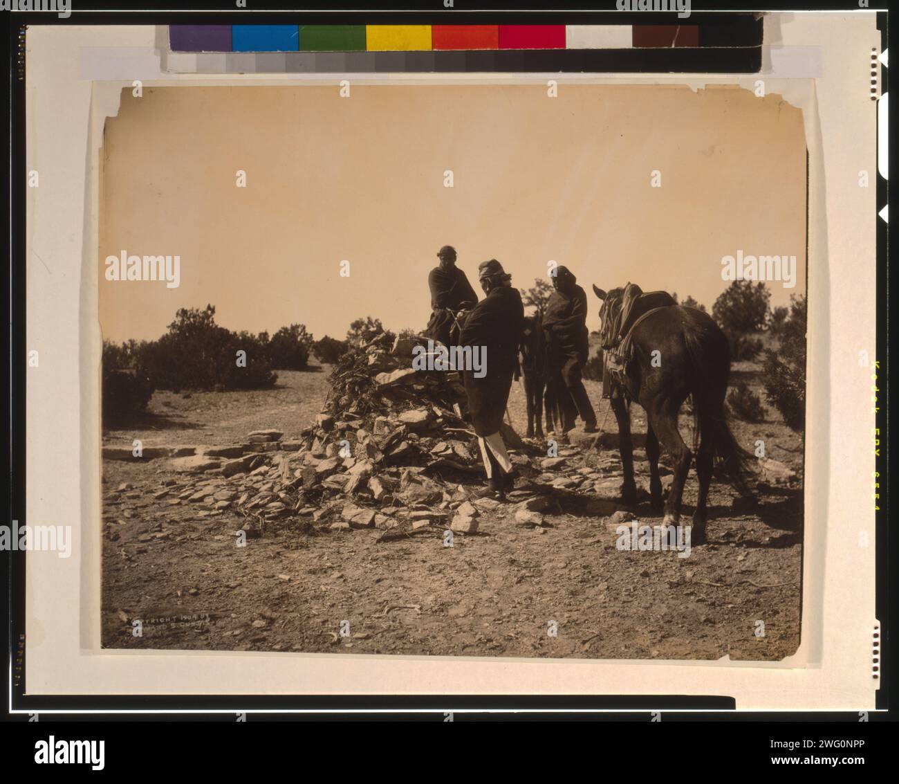 At the shrine-Navaho, c1904. Three Navajos with horses, gathered before ...