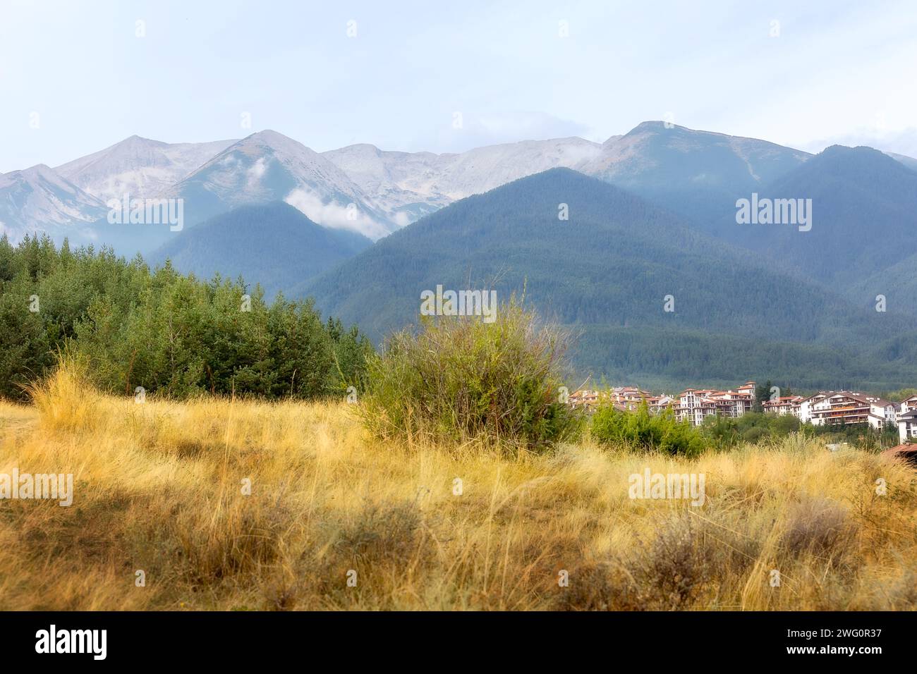 Bansko, Bulgaria summer view with houses and Pirin peaks panorama Stock ...