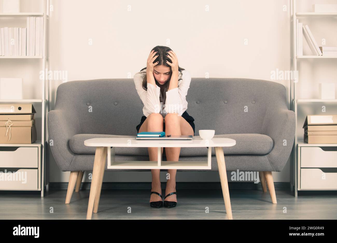 Sad busy secretary, stressed overworked business woman too much work ...
