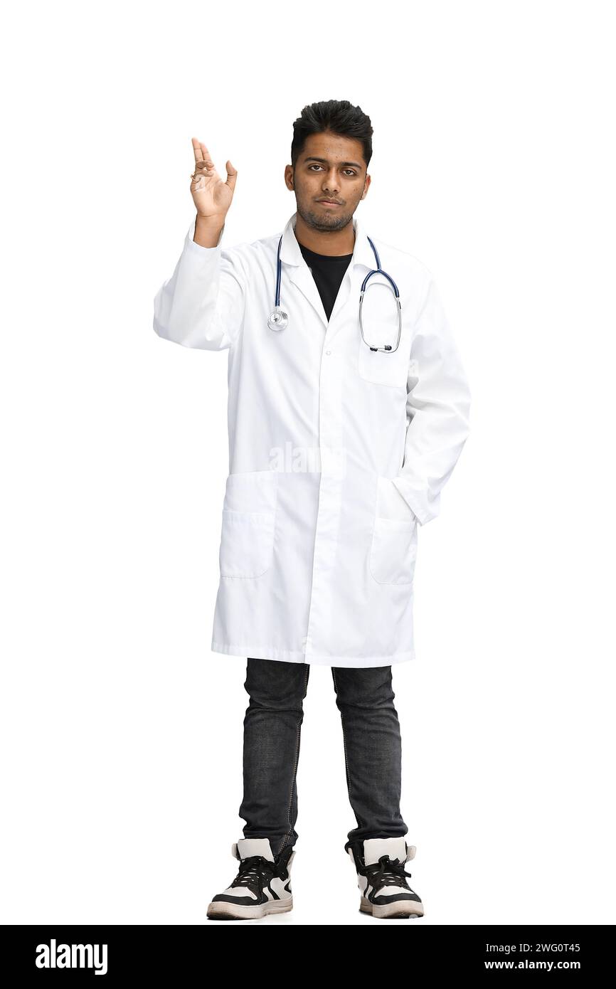 Male doctor on a white background showing a greeting sign Stock Photo ...