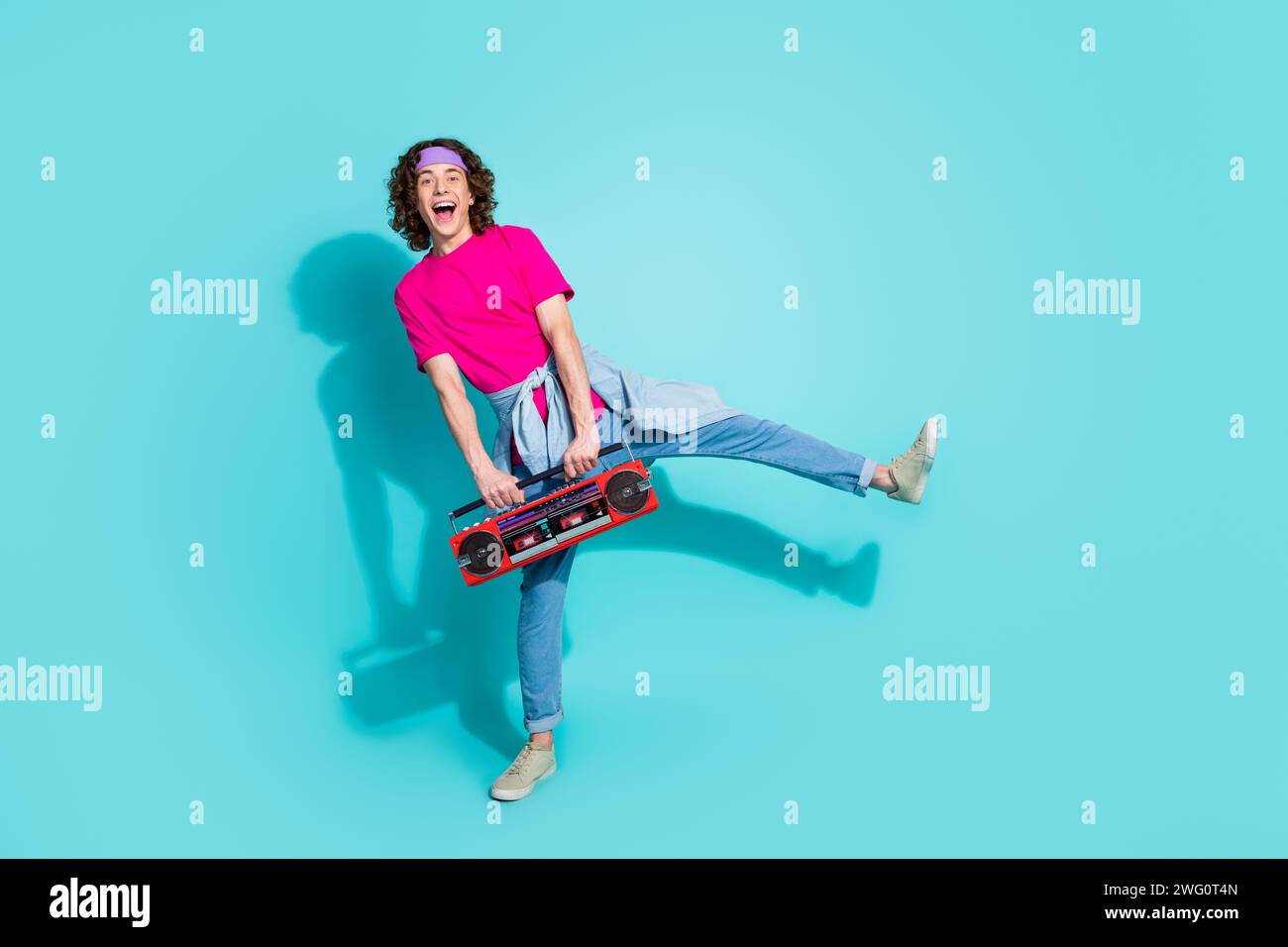 Full body length photo of funky teenage boy dj change playlist loves ...