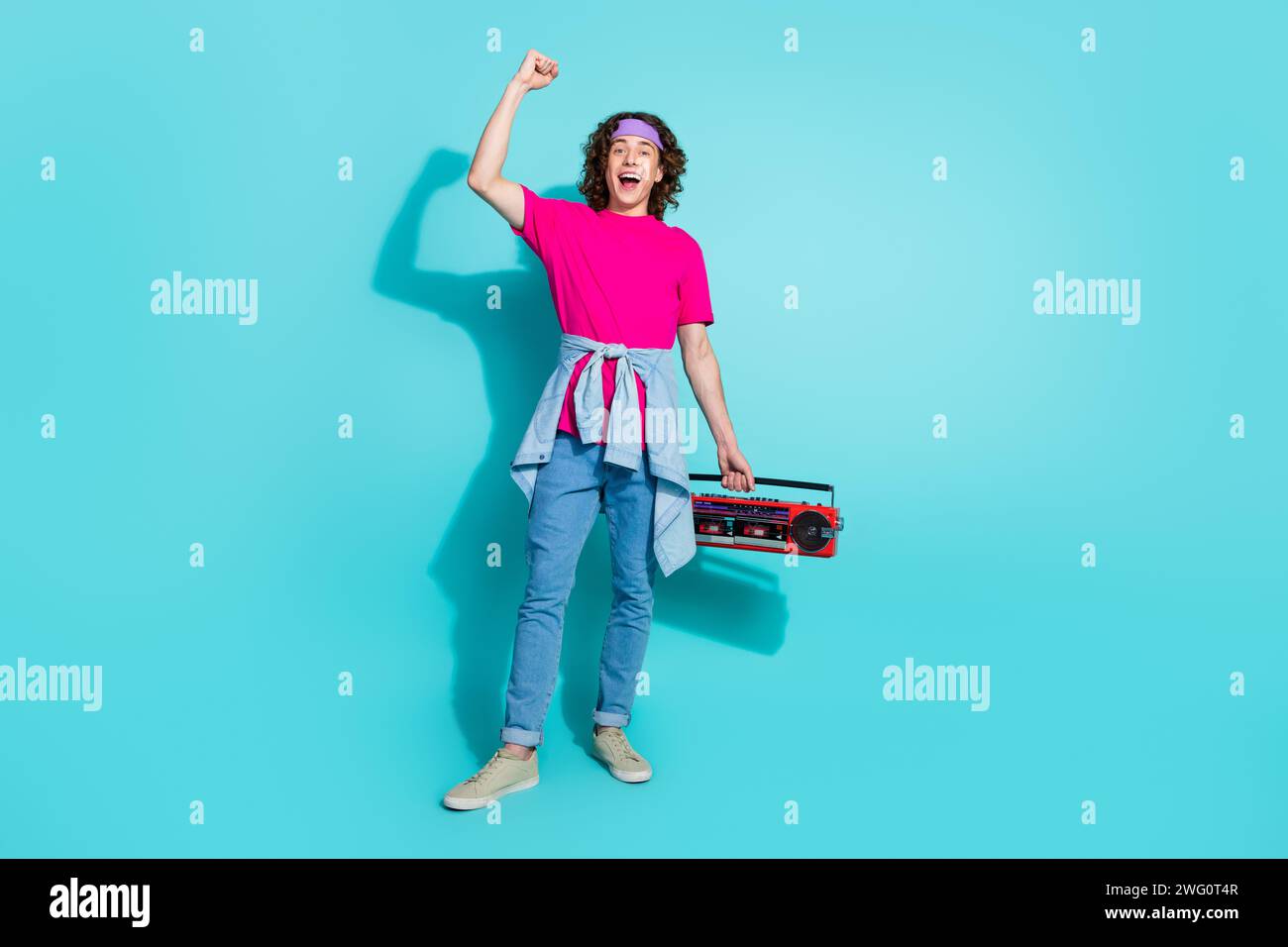 Full body photo of young teenager hipster guy loves old style objects ...