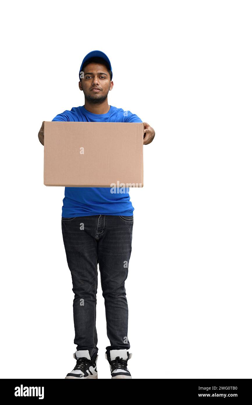 A man on a white background give box Stock Photo - Alamy