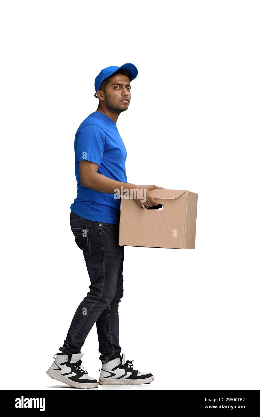 A man on a white background give box Stock Photo - Alamy