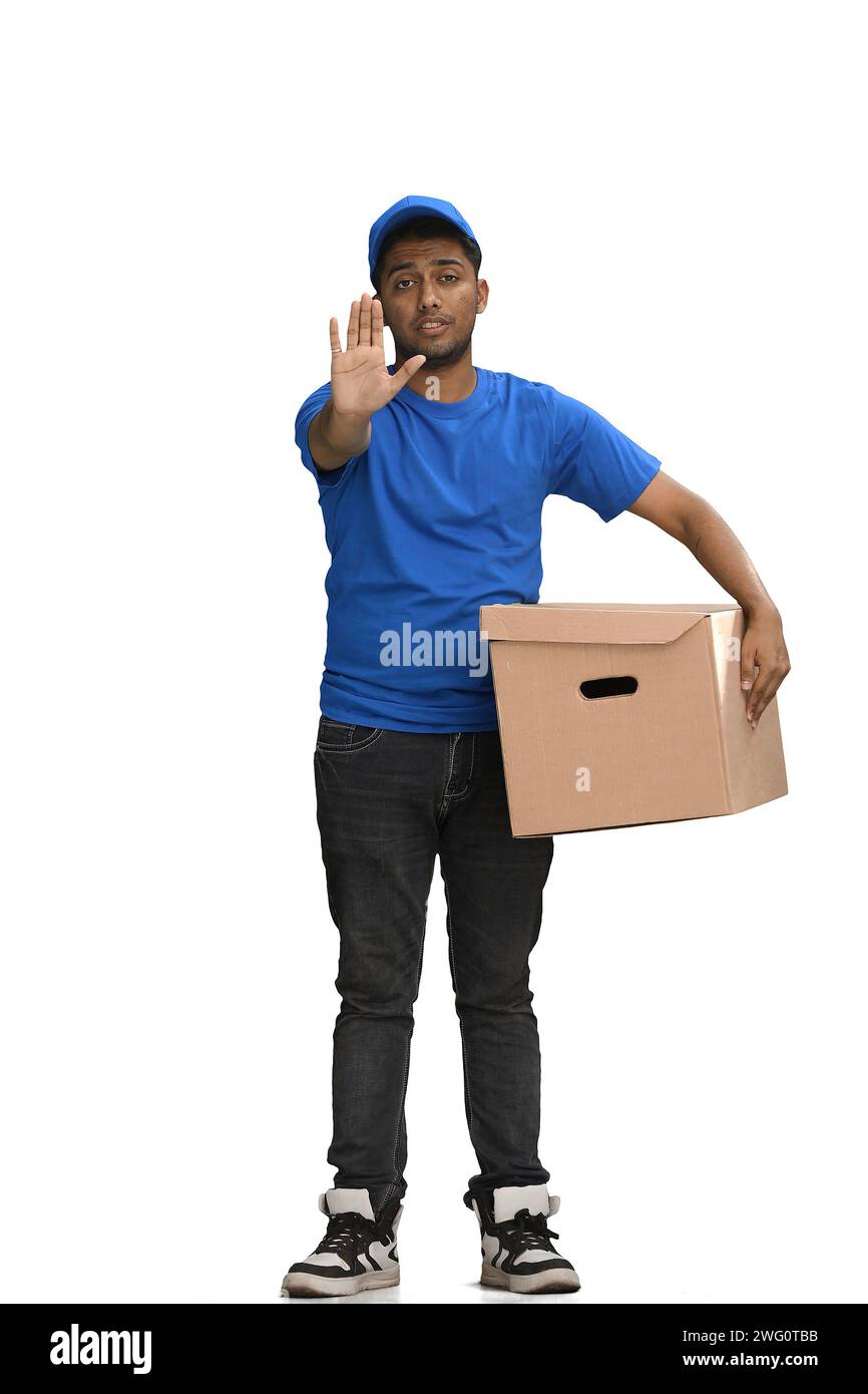 A man on a white background with box show stop sign Stock Photo - Alamy