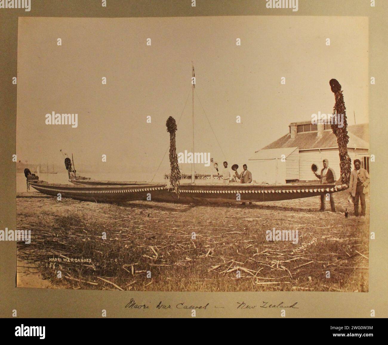 Maori canoes. New Zealand. Four Maori men in European colonial attire ...