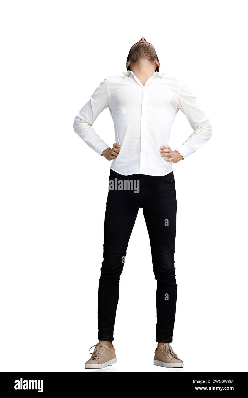 Full length men on white background in white shirt look at up Stock ...