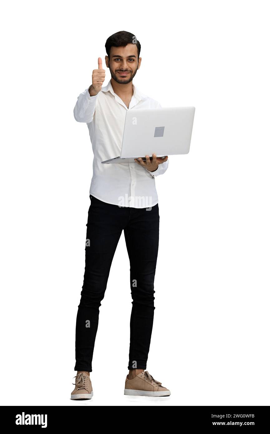 man on a white background. uses a computer, and show like sign Stock ...