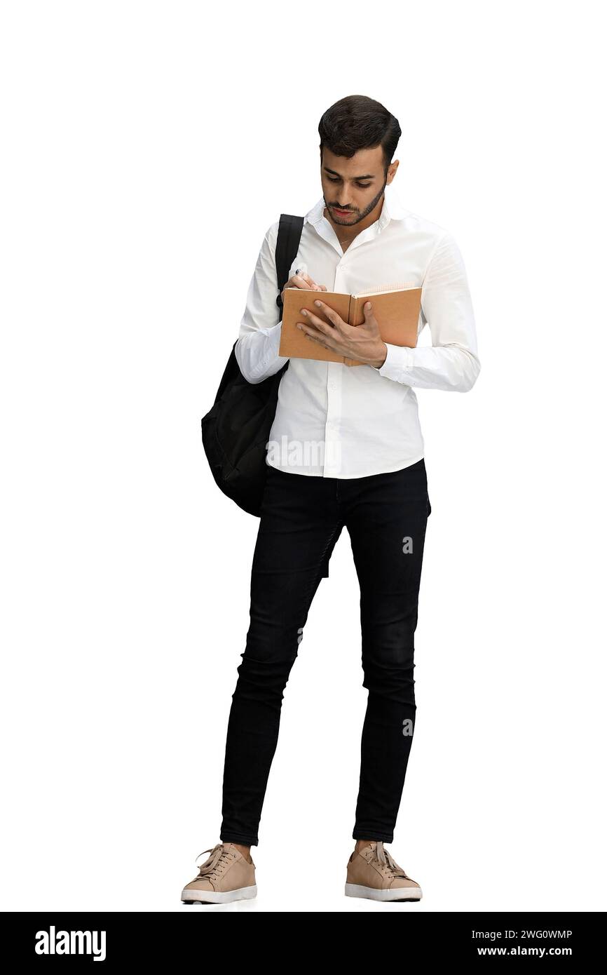 a man on a white background in full height writing with suite Stock ...