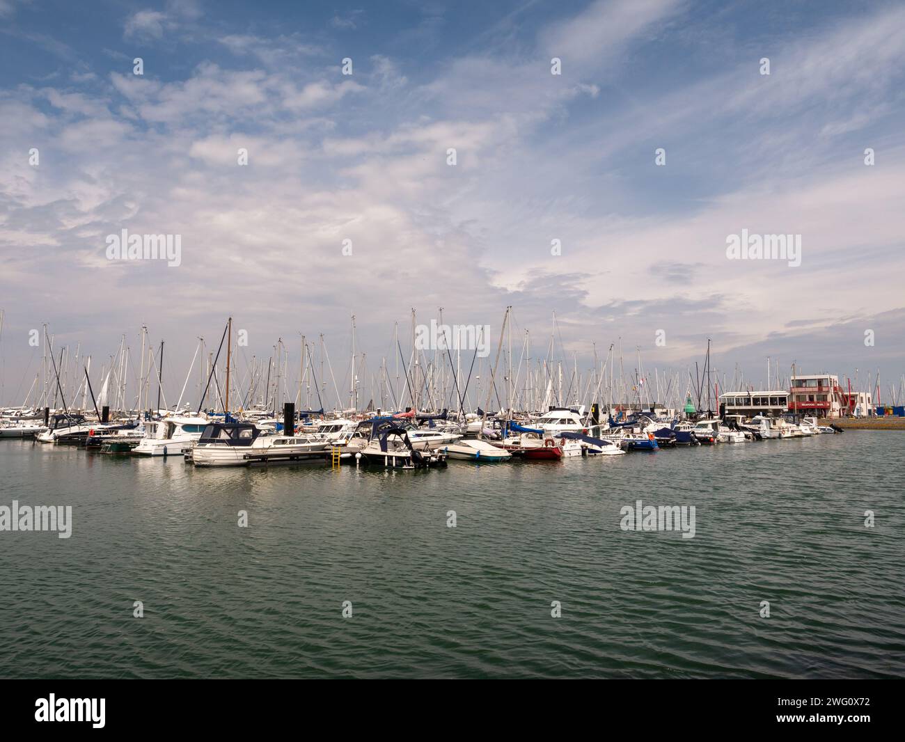 Boats and seafood bar in marina of Breskens, Zeeuws-Vlaanderen, Zeeland ...