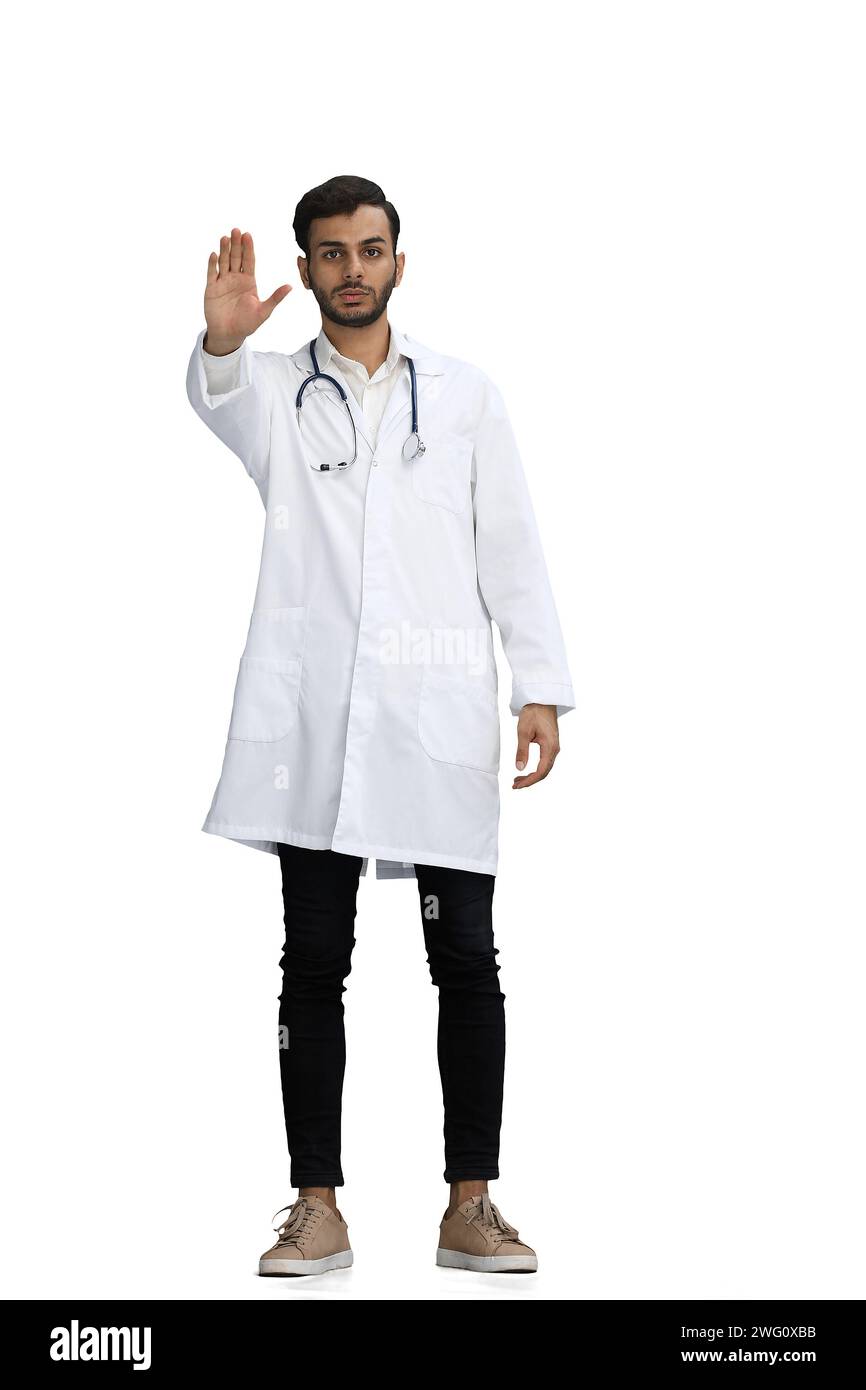 male doctor on a white background. shows stop sign Stock Photo - Alamy